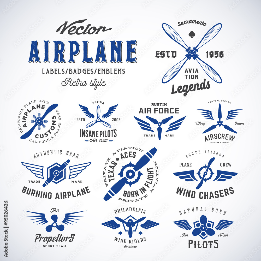 Vintage Vector Airplane Labels Set with Retro Typography. Isolated ...