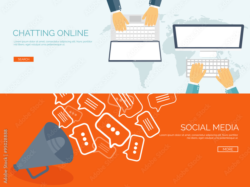 Vector illustration. Flat backgrounds set. Social media, chatting ...