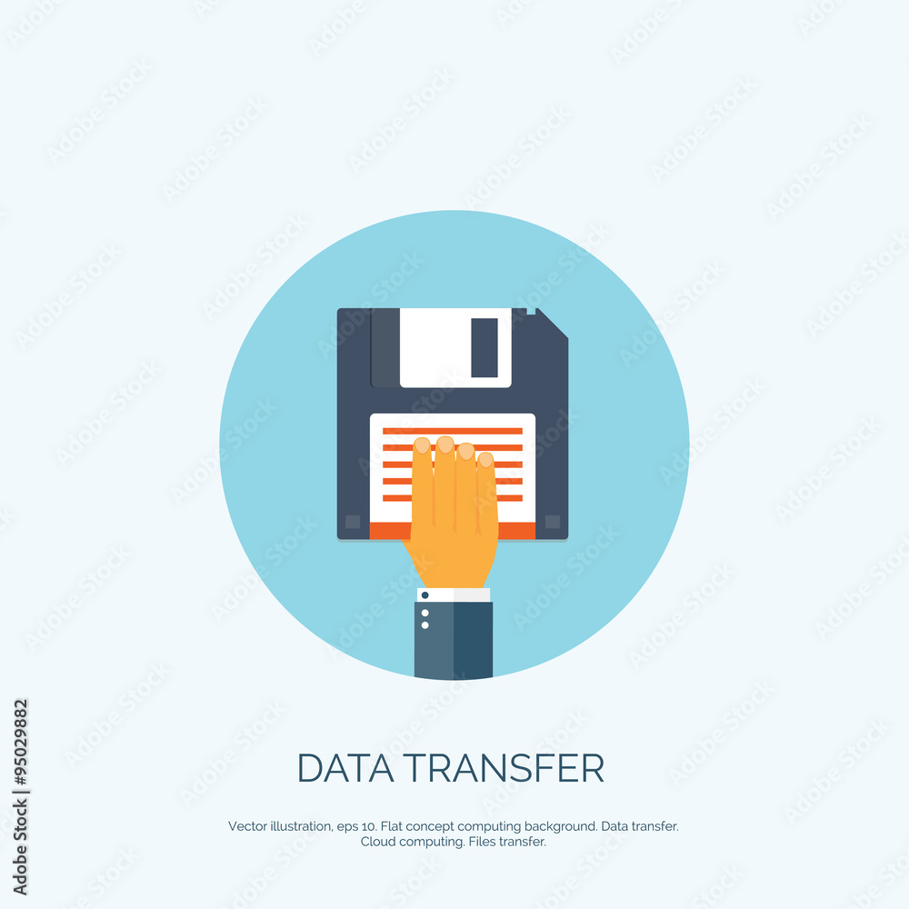 Vector illustration. Flat background with hand and floppy disc. Data ...