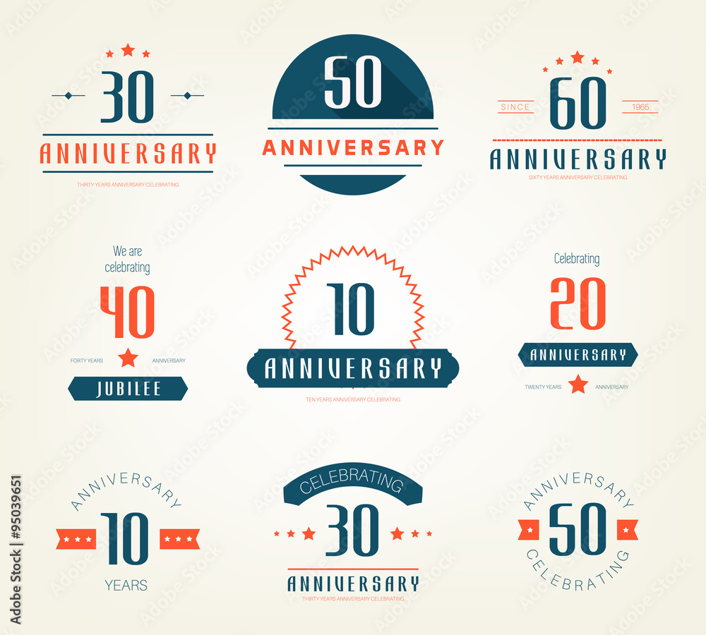 Vector set of anniversary signs, symbols. 10, 20, 30, 40, 50, 60 years ...