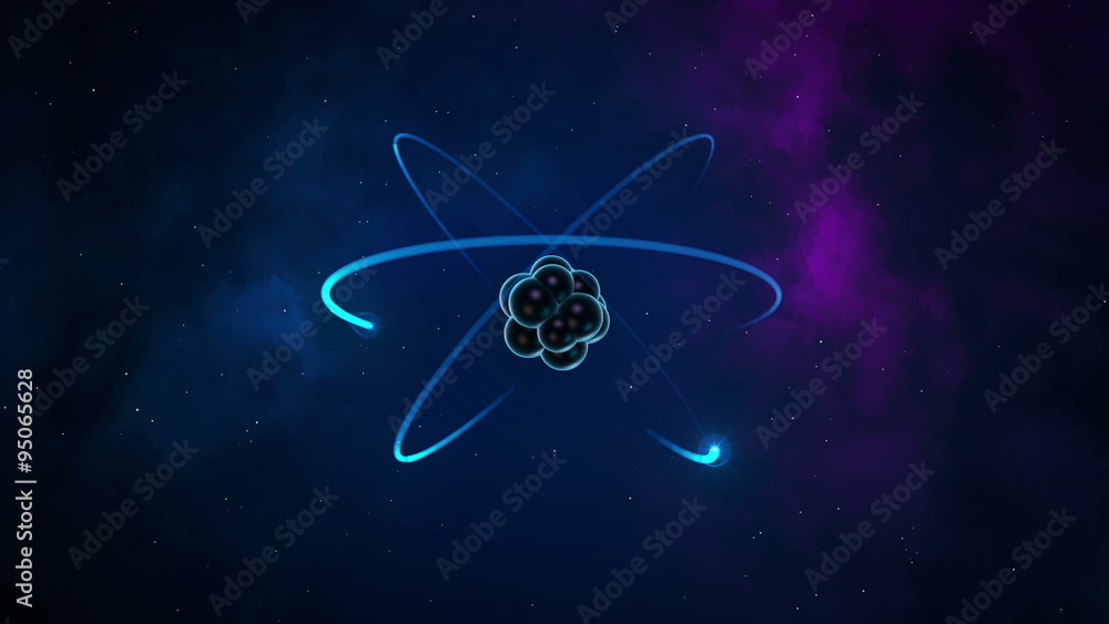 Motion graphic of classic "atom" with orbiting electrons on space ...
