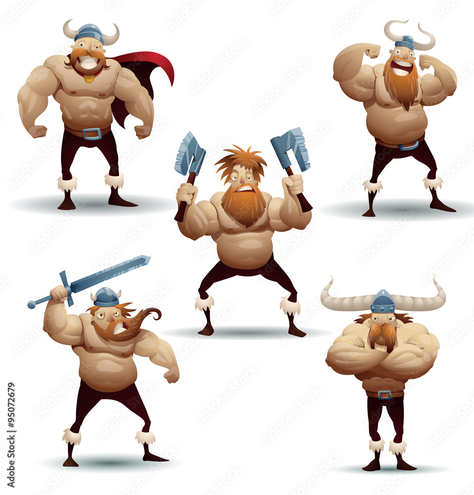 Vector cartoon image of five Viking warriors with red hair and beards ...