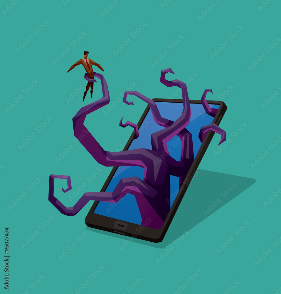 Vector Smartphone addiction. Cartoon image of black smartphone with ...