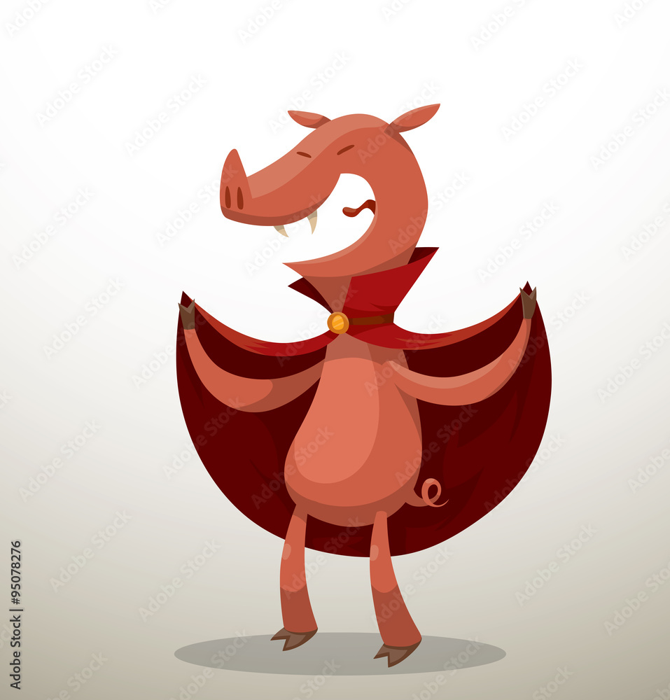 Vector Halloween Pig Vampire. Cartoon image of pink pig in red cloak in ...
