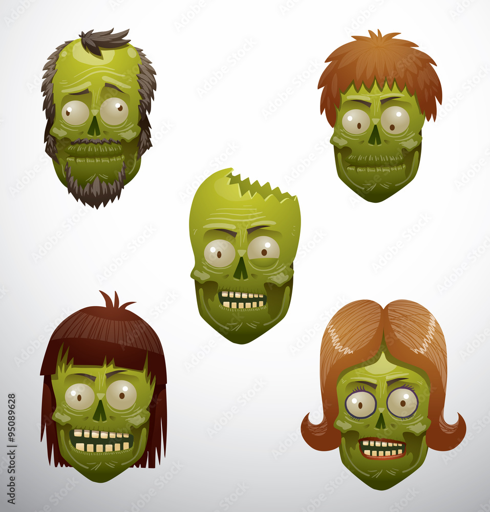 Vector Zombie face set. Cartoon image of five different green zombie ...