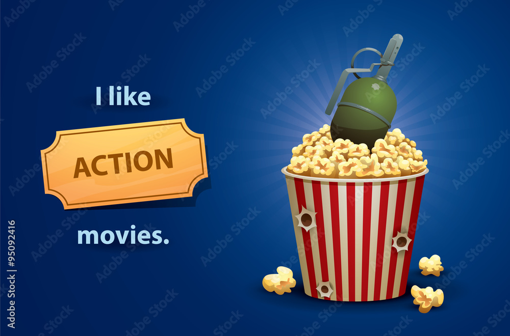 Vector Action movies. Cartoon image of a red and white popcorn bucket ...