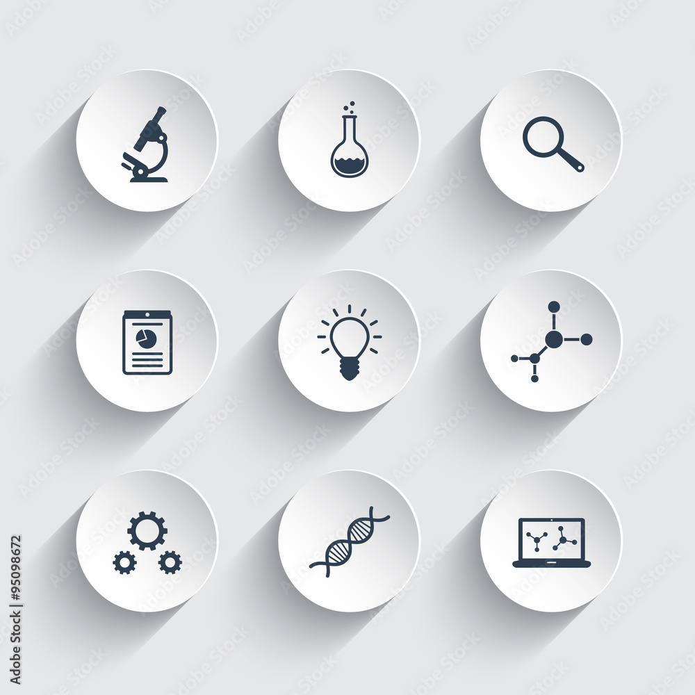 Science, research, laboratory icons on round 3d shapes, vector ...