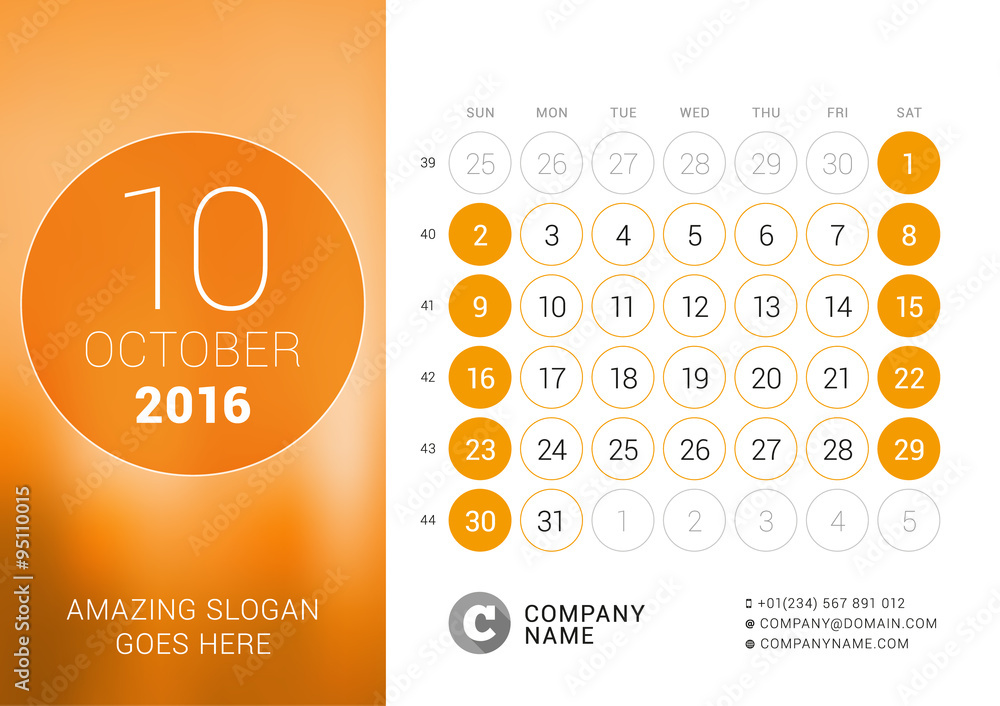 October 2016. Desk Calendar for 2016 Year. Vector Design Print Template ...