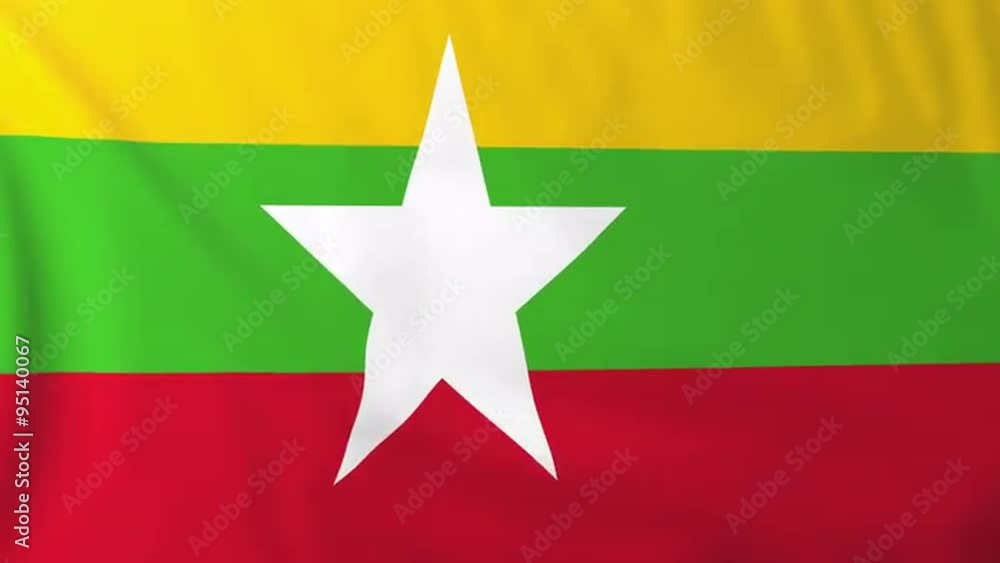 Flag of Myanmar, slow motion waving. Rendered using official design and ...