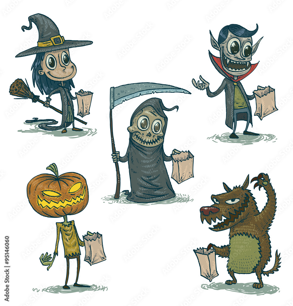 Vector cartoon Image of five happy Halloween characters: a witch, a ...