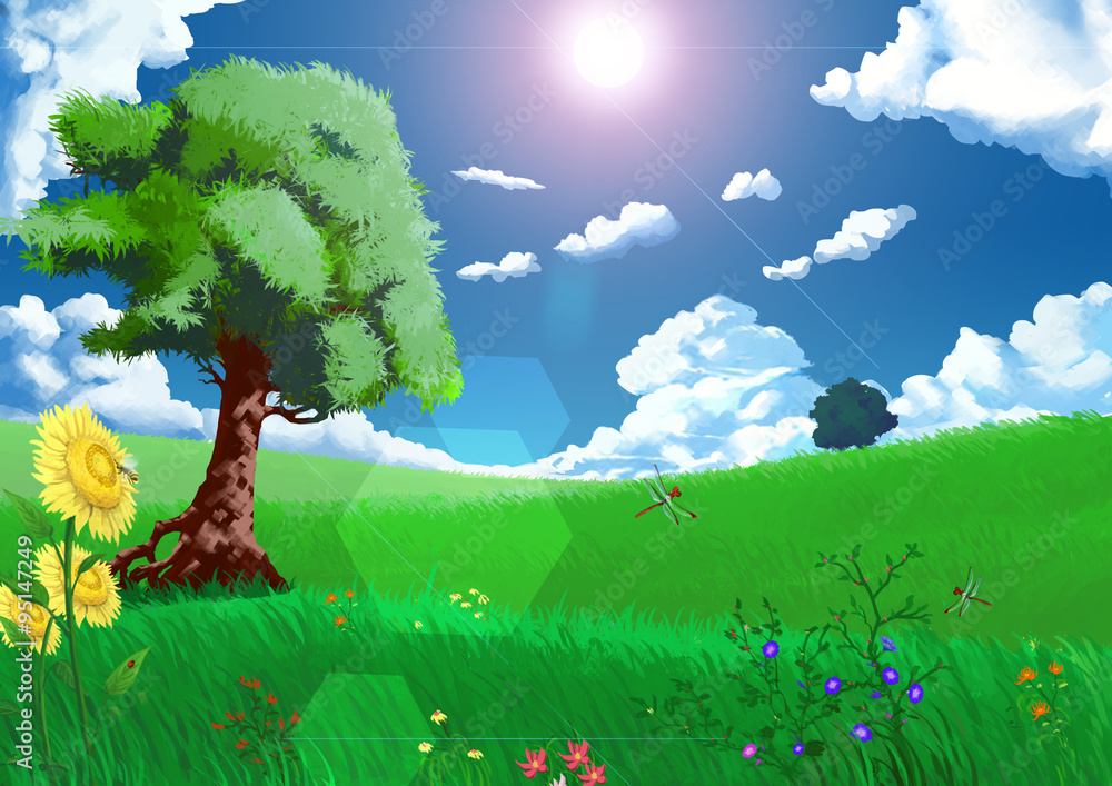 Illustration: Seasons: Summer. Realistic Cartoon Style Scene ...
