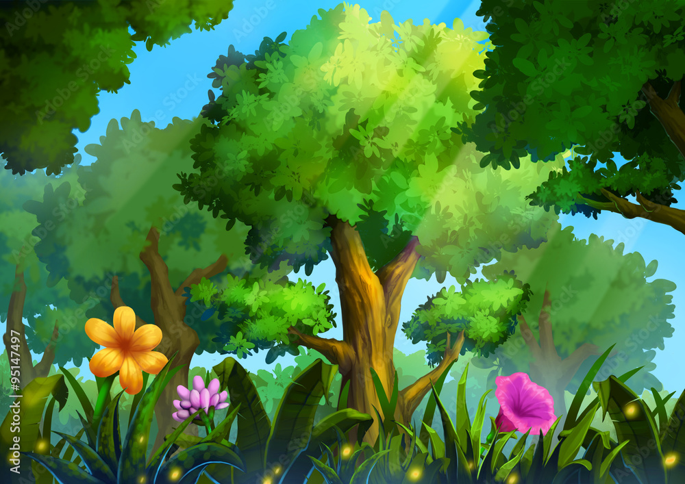 Illustration: Green Forest With Deep Grass and Magical Flowers ...