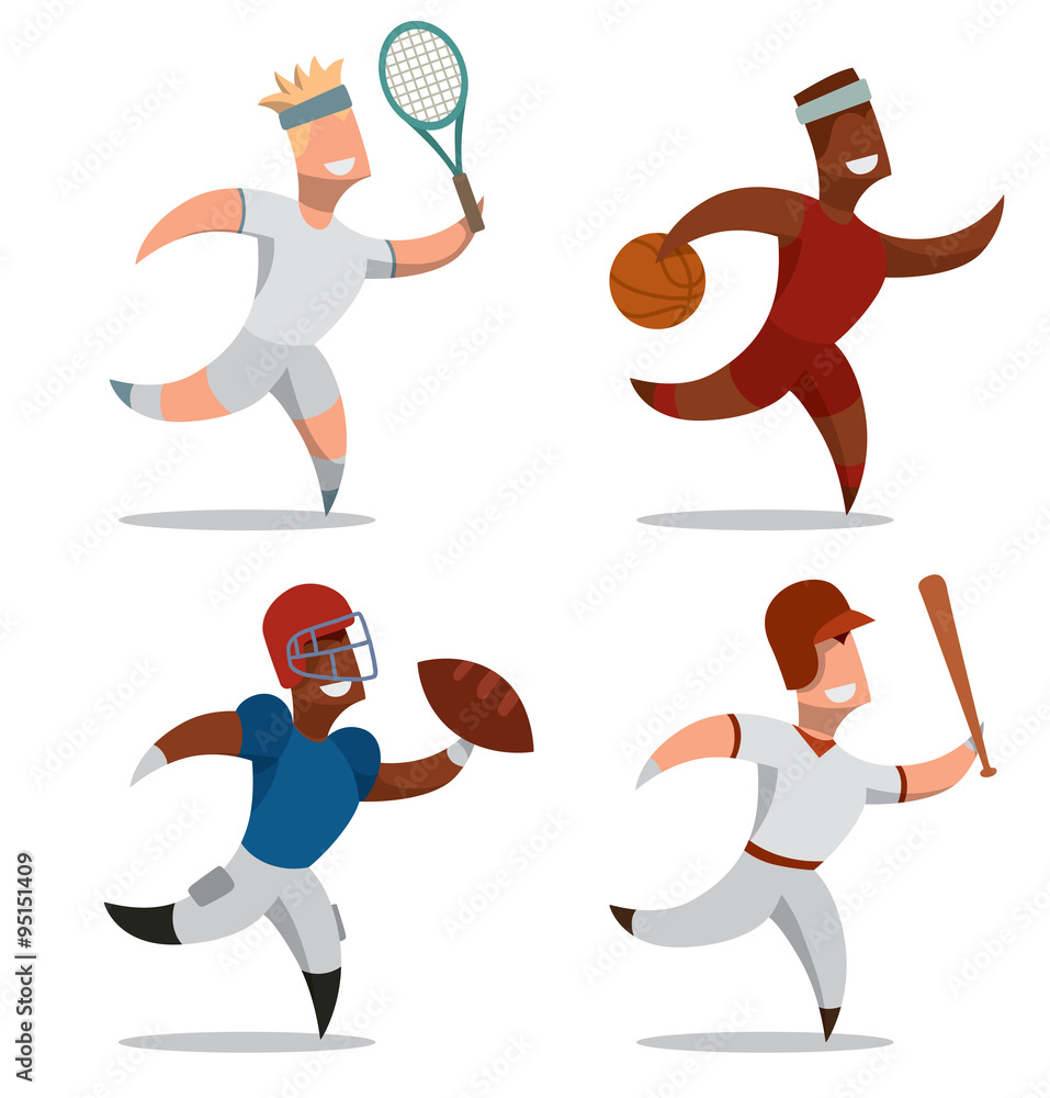 Vector cartoon image of four men sportsmen: tennis player with a racket ...