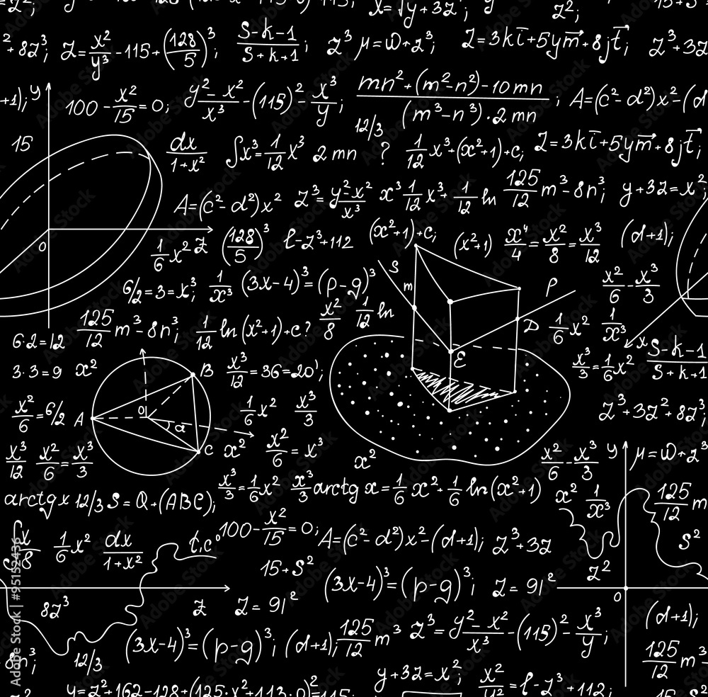 Mathematical vector seamless pattern with geometrical figures, plots, formulas, other ...