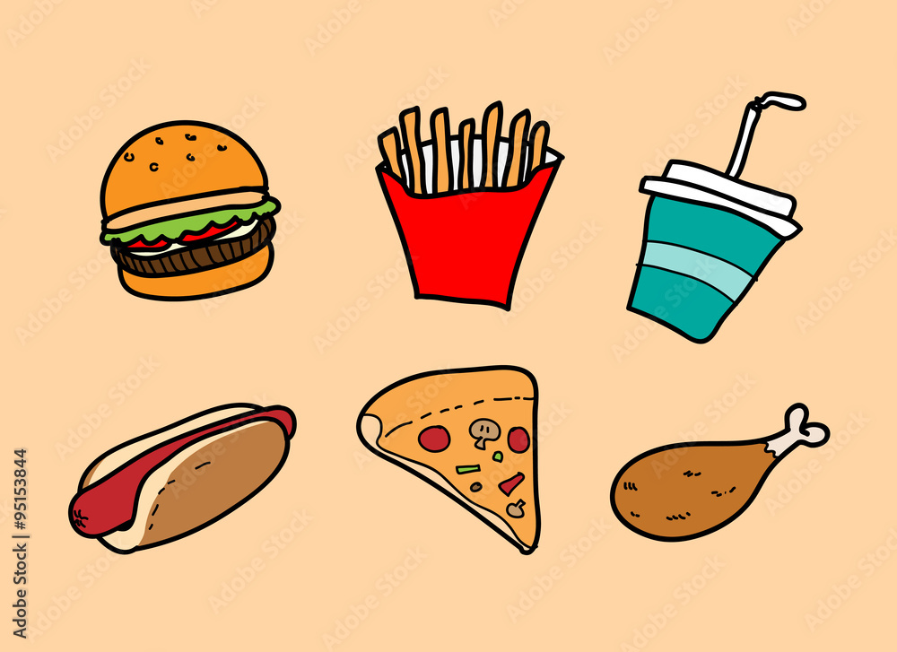 Fast Food Set, a hand drawn vector illustration of a set of fast food ...