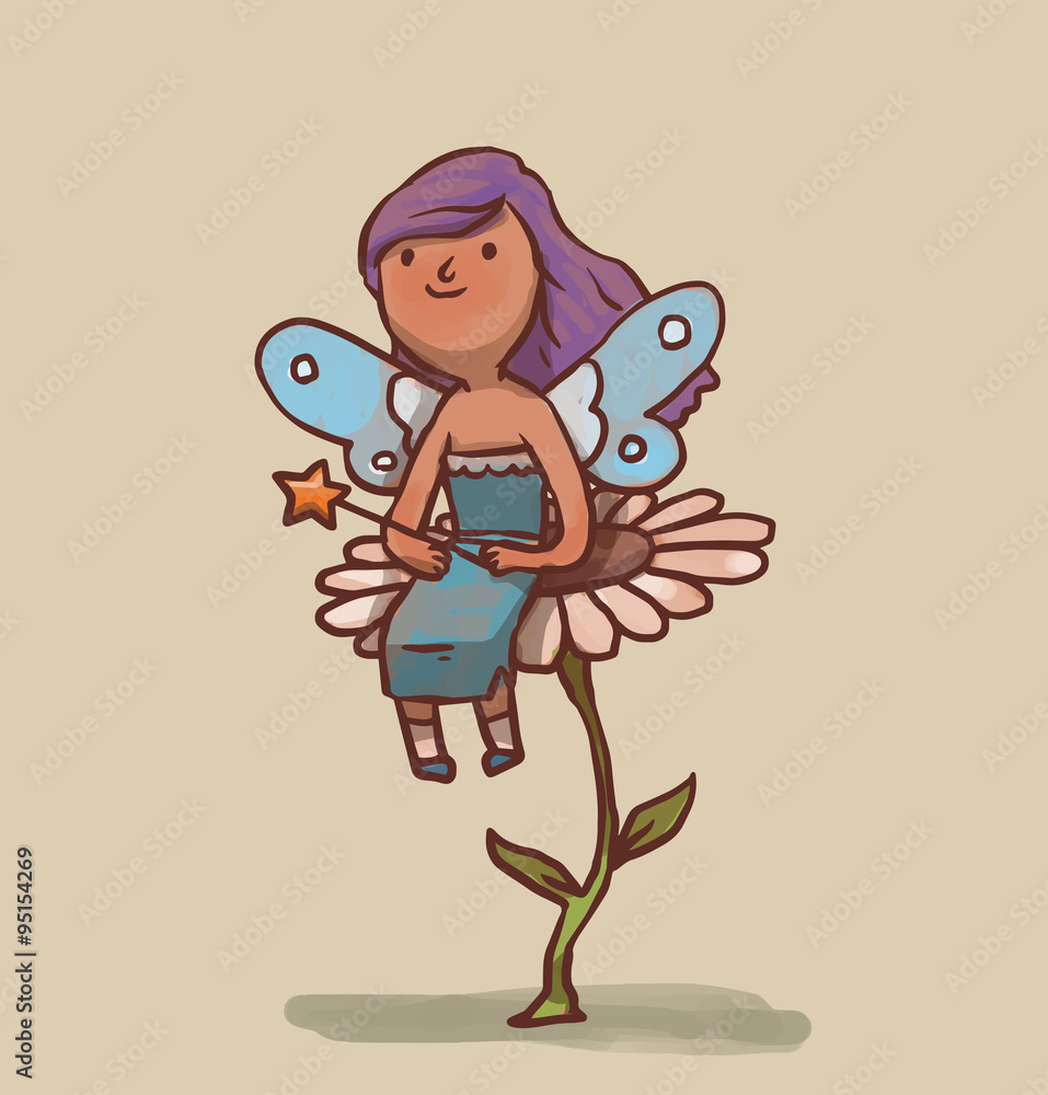Vector cartoon image of a little fairy girl with purple hair in a blue ...