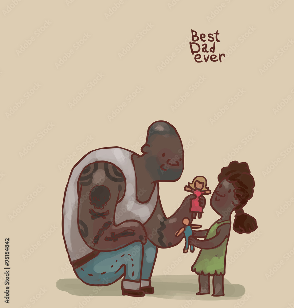Vector cartoon image of a bald black man - dad playing with dolls with ...
