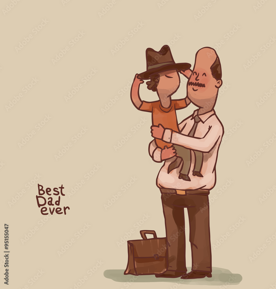 Vector cartoon image of a bald man with a brown mustache - dad holding ...