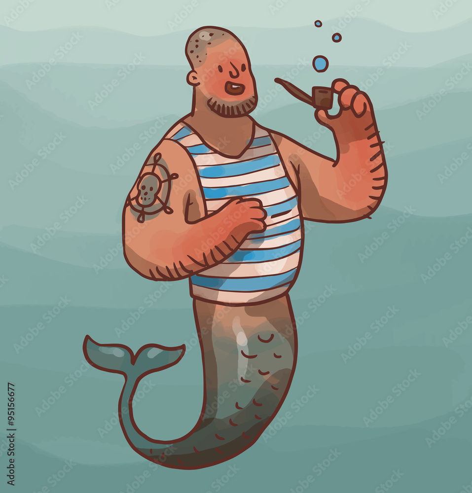 Vector cartoon image of a bald Mermaid male with a skull tattoo on his ...