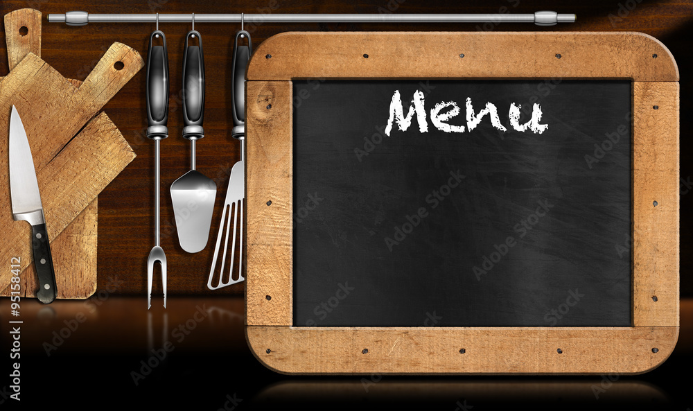 Blackboard Menu in the Kitchen / Old empty blackboard with wooden ...