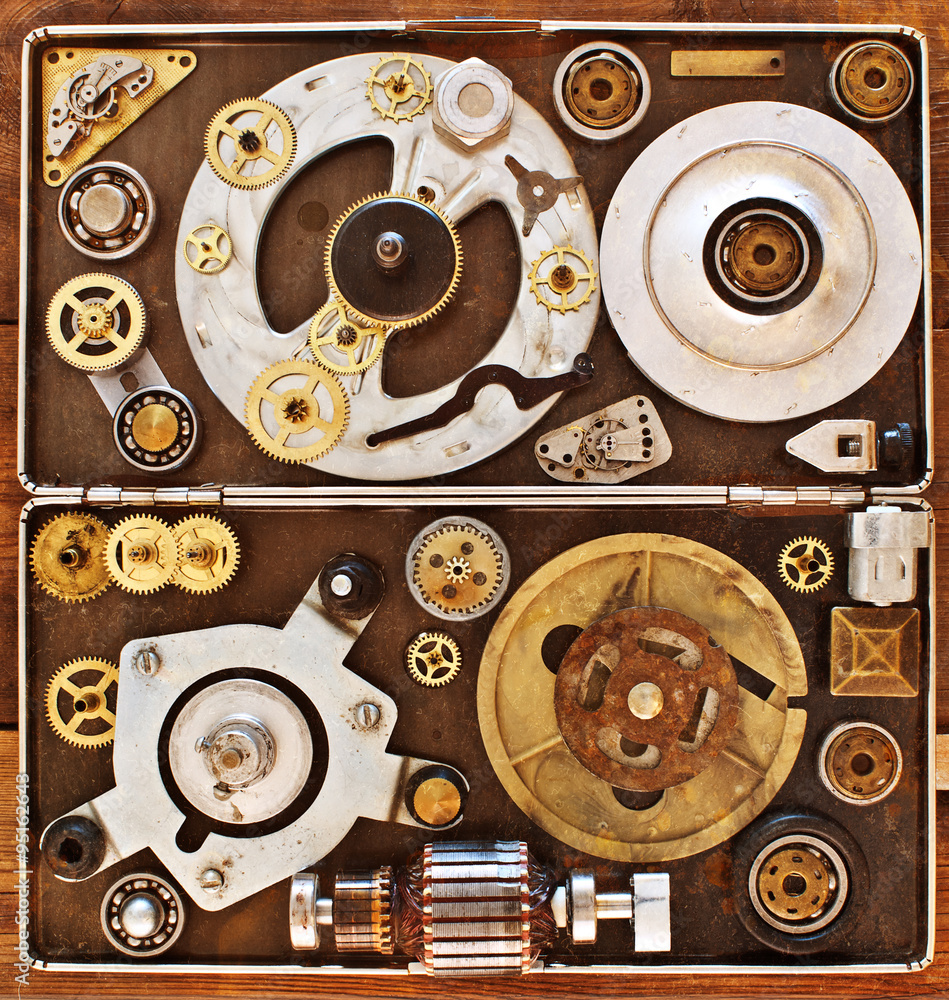 Older parts of mechanisms in the box. Abstract collage of a mec Stock ...
