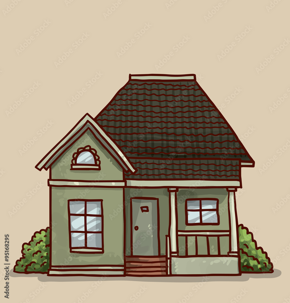 Vector cartoon image of a cute little light gray house with black roof ...