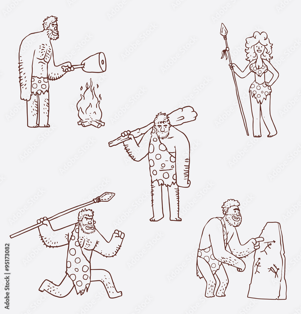 Vector Set of Caveman. Line cartoon image of cavemen with different ...