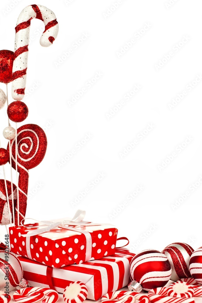 Red and white Christmas corner border with gifts, baubles and candy ...