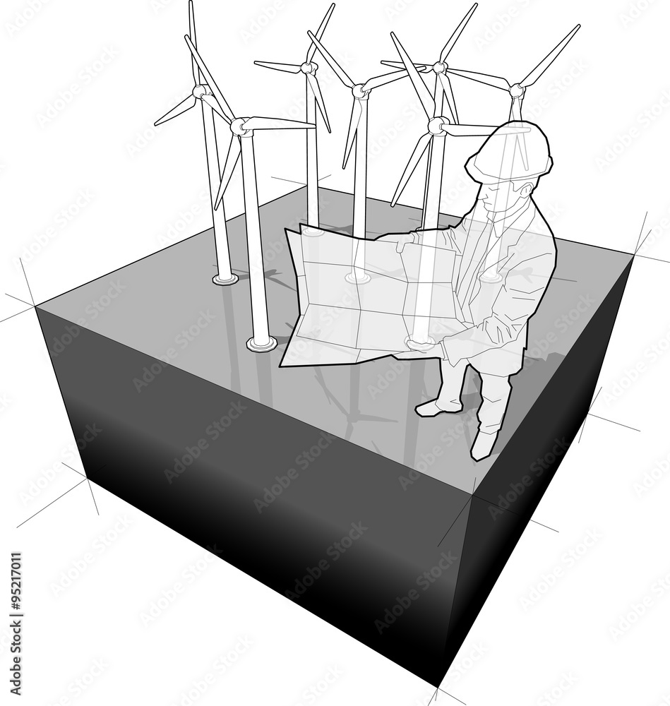 diagram of a wind turbines farm with with architect standing in front ...