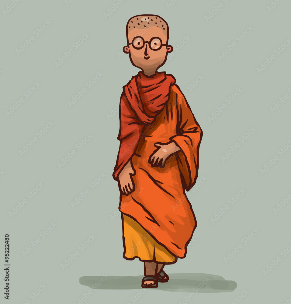 Vector Buddhist monk young, walking. Cartoon image of a young bald ...