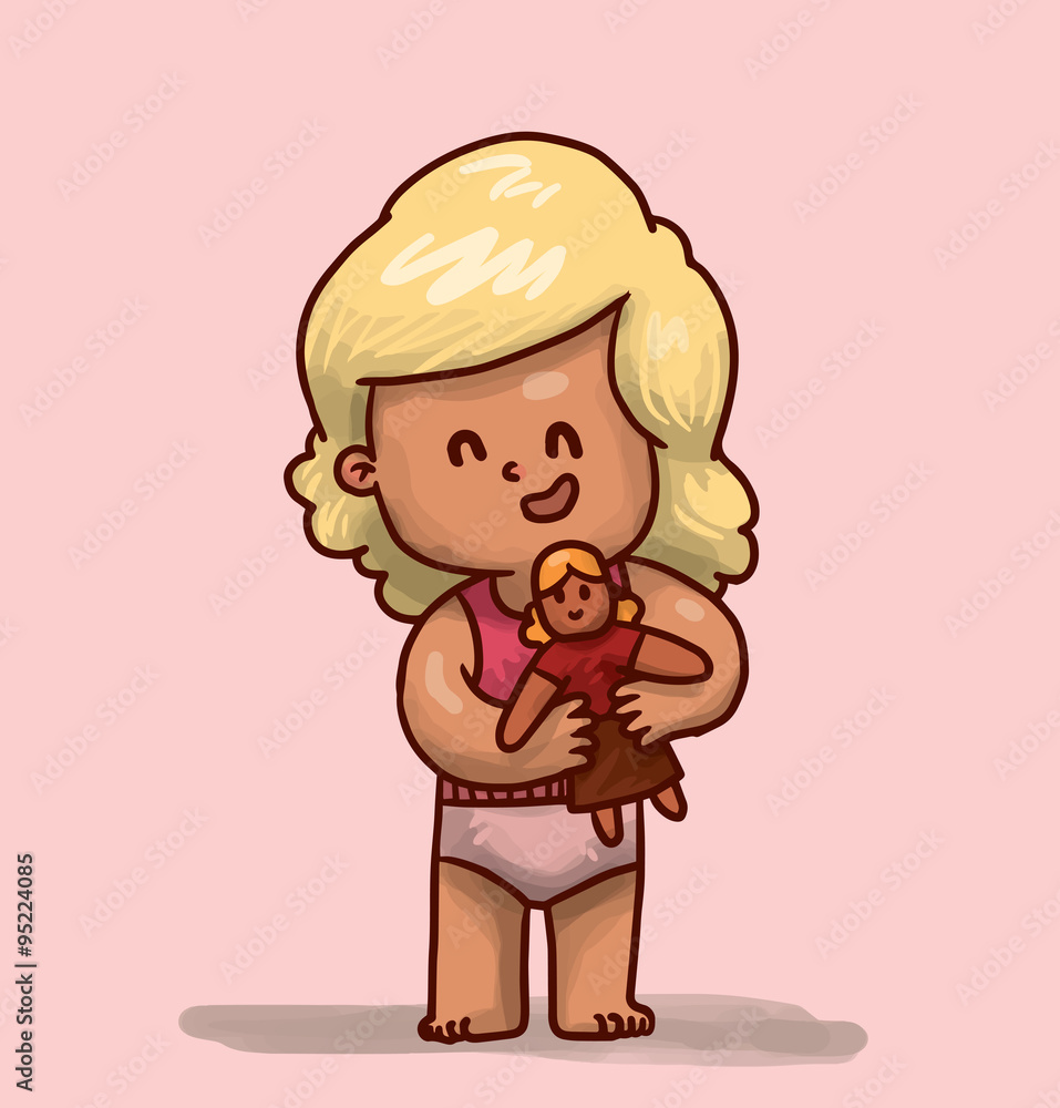 Vector Cute little girl with a doll. Cartoon image of a cute little ...