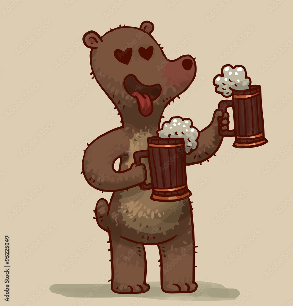 Vector Bear with two mugs of beer. Cartoon image of a funny brown bear ...