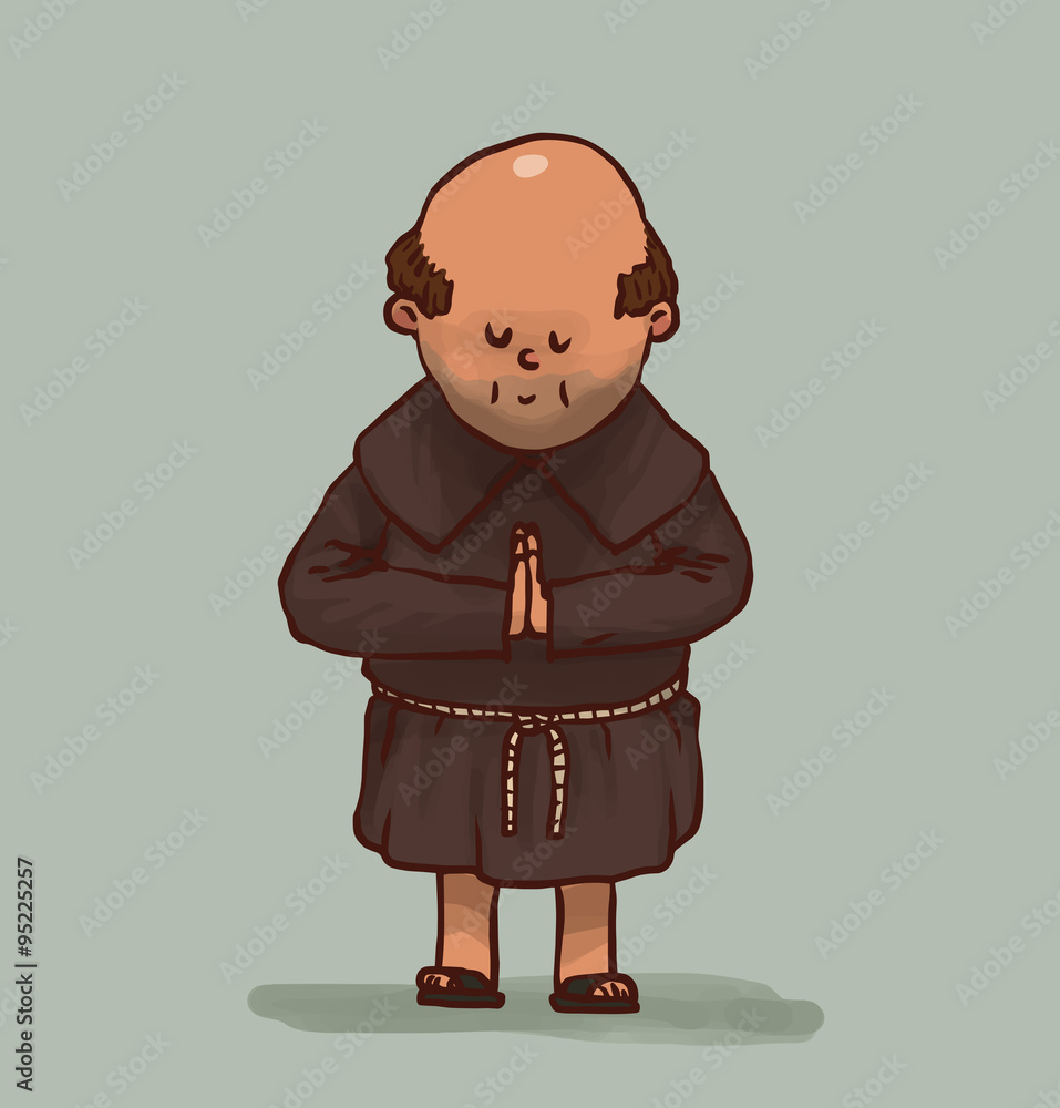 Vector Monk is praying. Cartoon image of a bald monk in a brown cassock ...