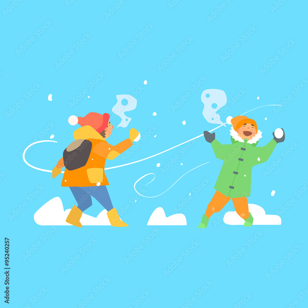 Cheerful Kids Throwing Snowballs. Vector Illustration Stock Vector ...