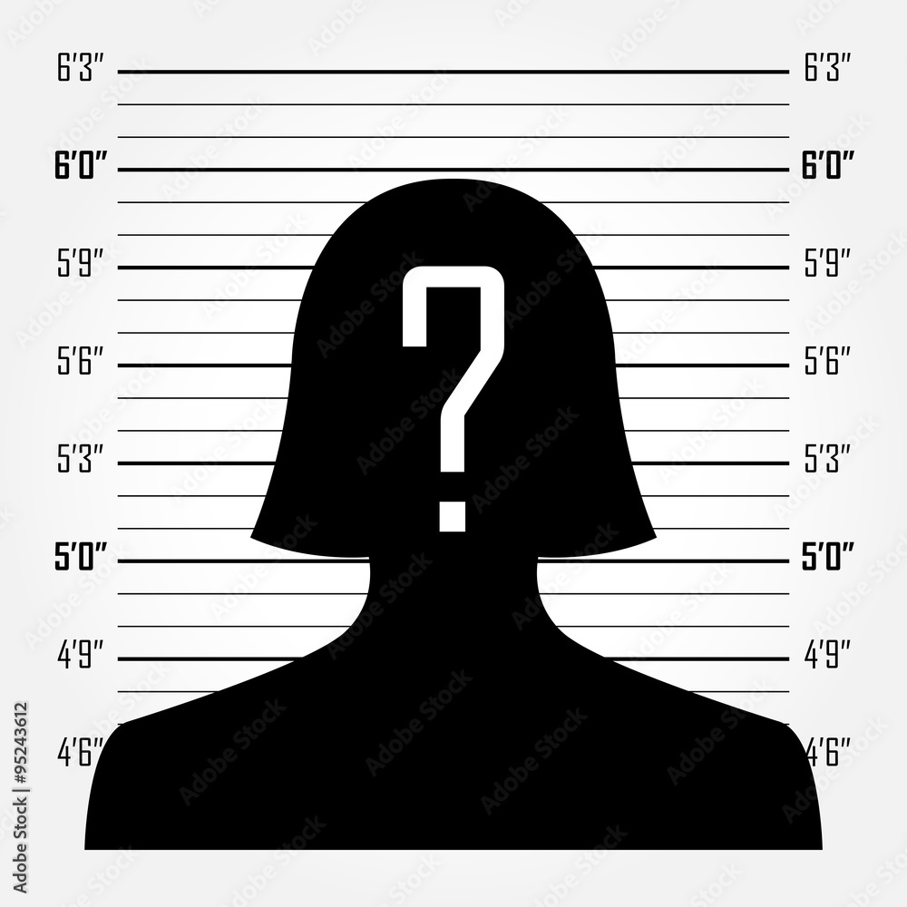 Woman silhouette with question mark in mugshot or police lineup ...