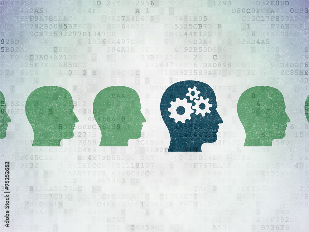 Learning concept: head with gears icon on Digital Paper background ...