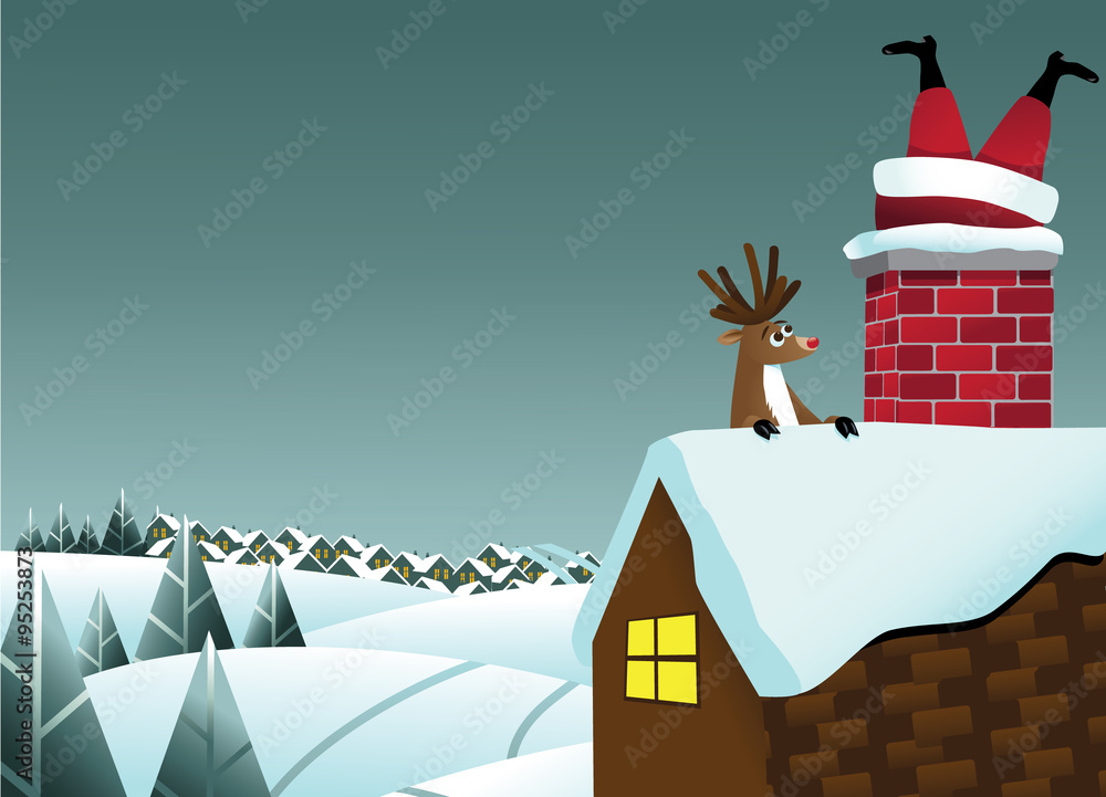 Reindeer sees Santa Claus stuck in the chimney background. EPS 10 ...