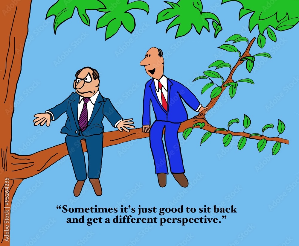 Business cartoon showing two businessmen sitting outside on a tree limb ...