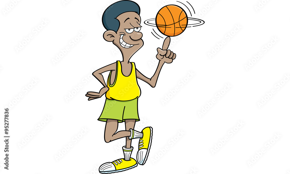 Cartoon illustration of a basketball player spinning a basketball ...