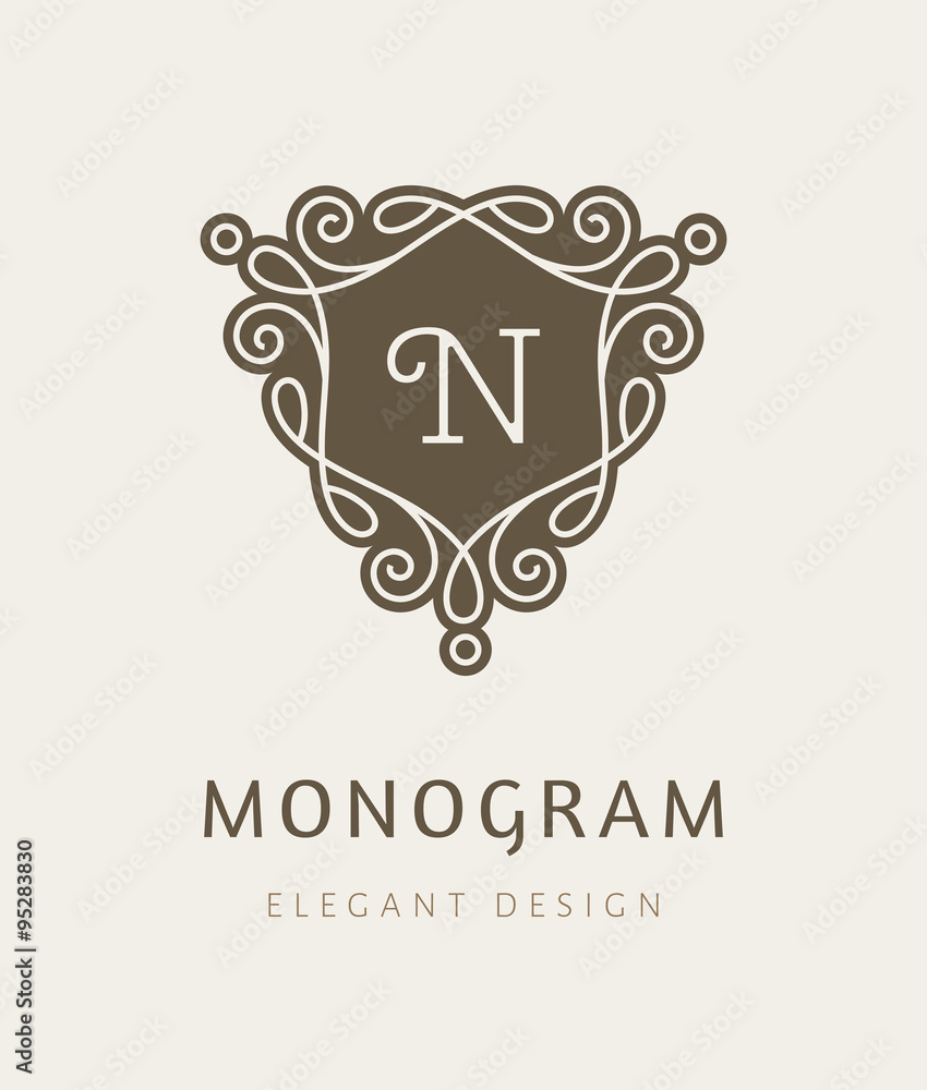 Elegant floral monogram logo design template with letter N. Retro style ...