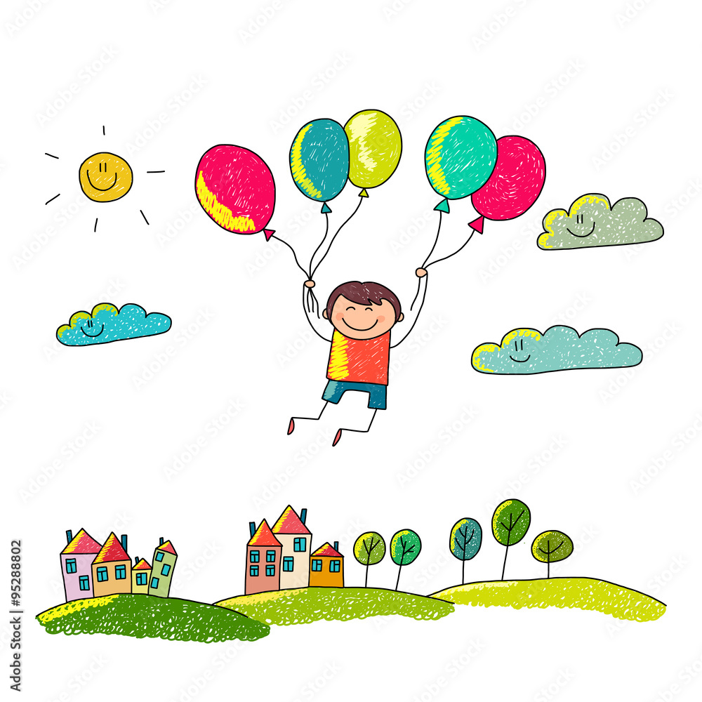 Cartoon boy fly at hot air balloons. Stock Vector | Adobe Stock