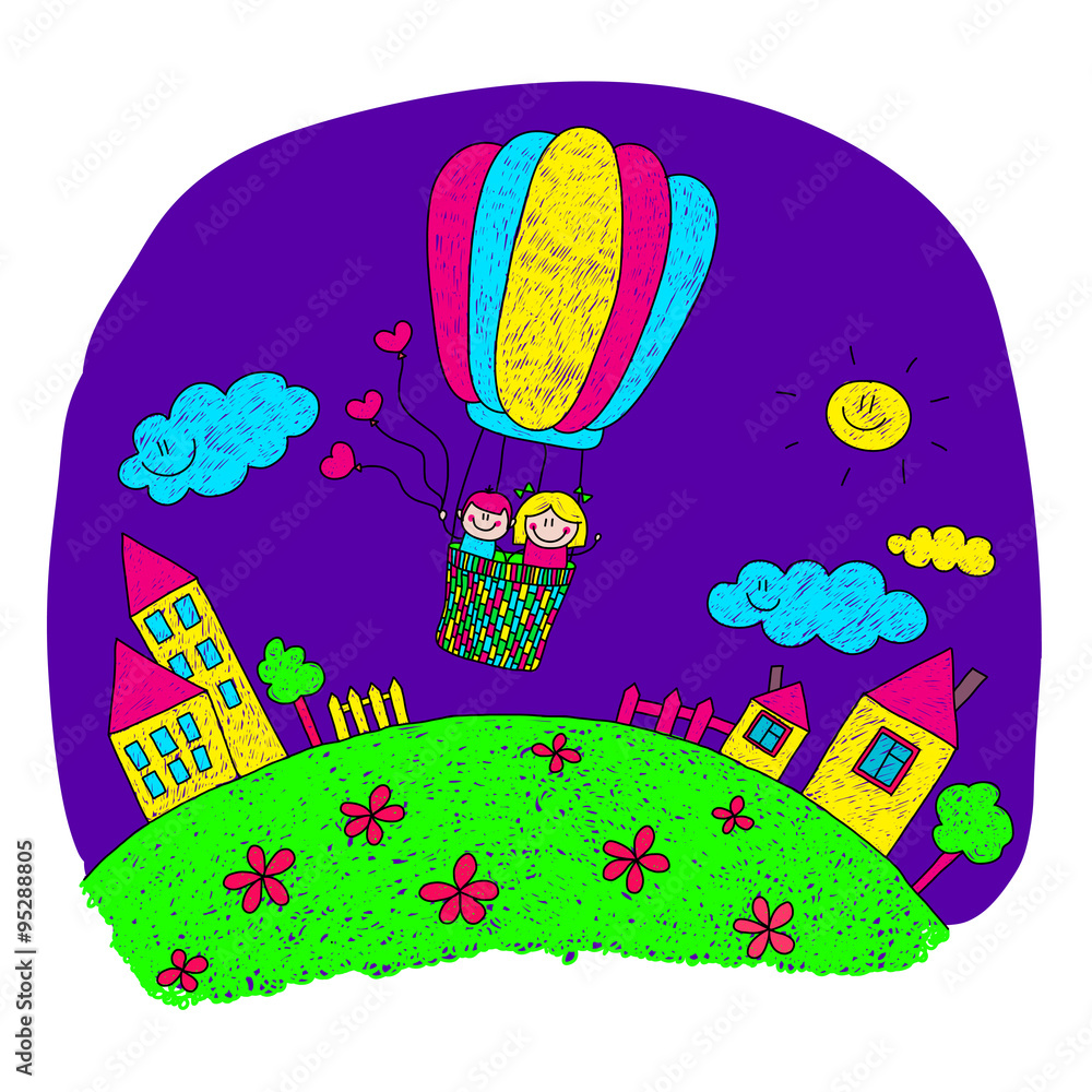 Cartoon kids fly at hot air balloon. Stock Vector | Adobe Stock