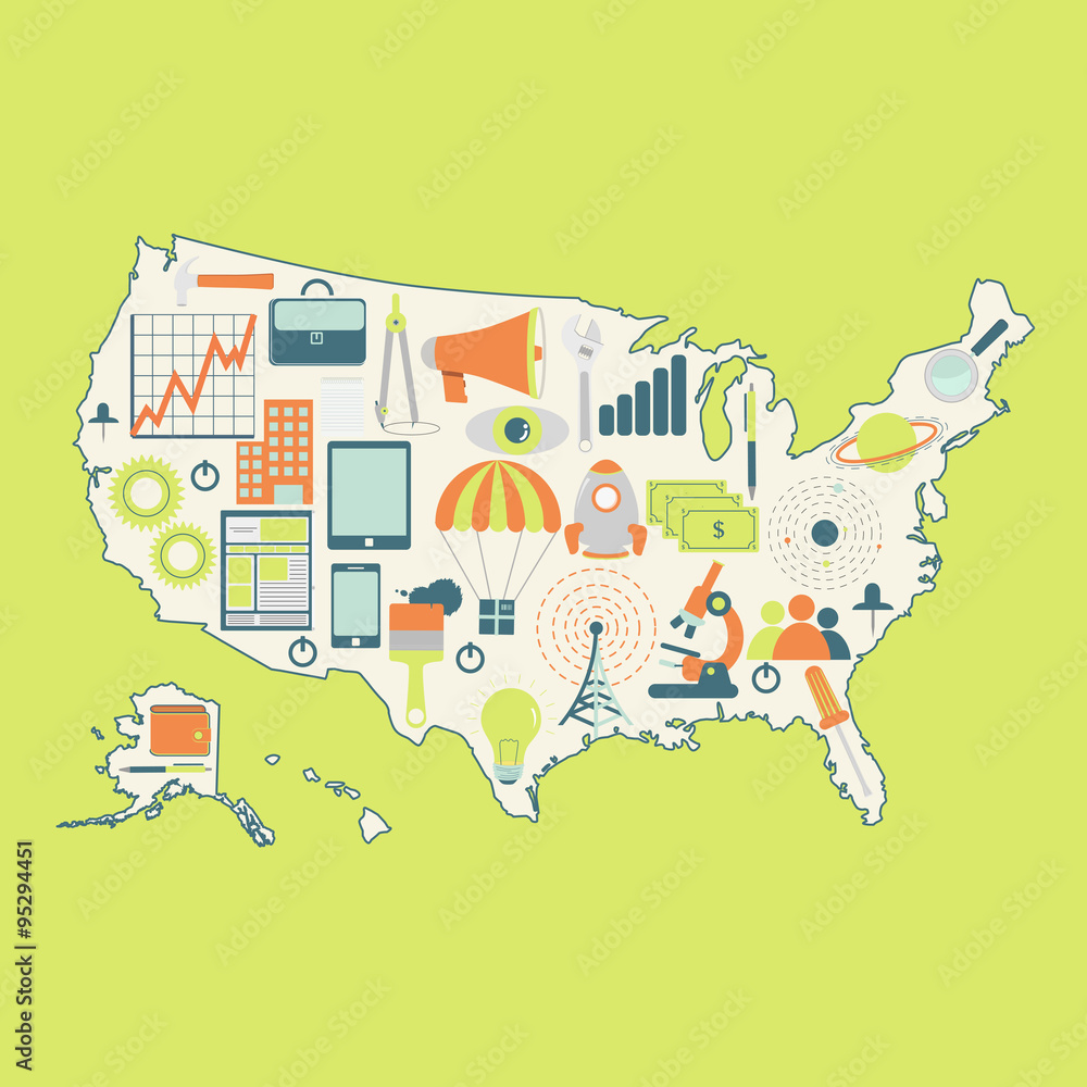 Map of USA with technology icons. Contour map of United States with ...
