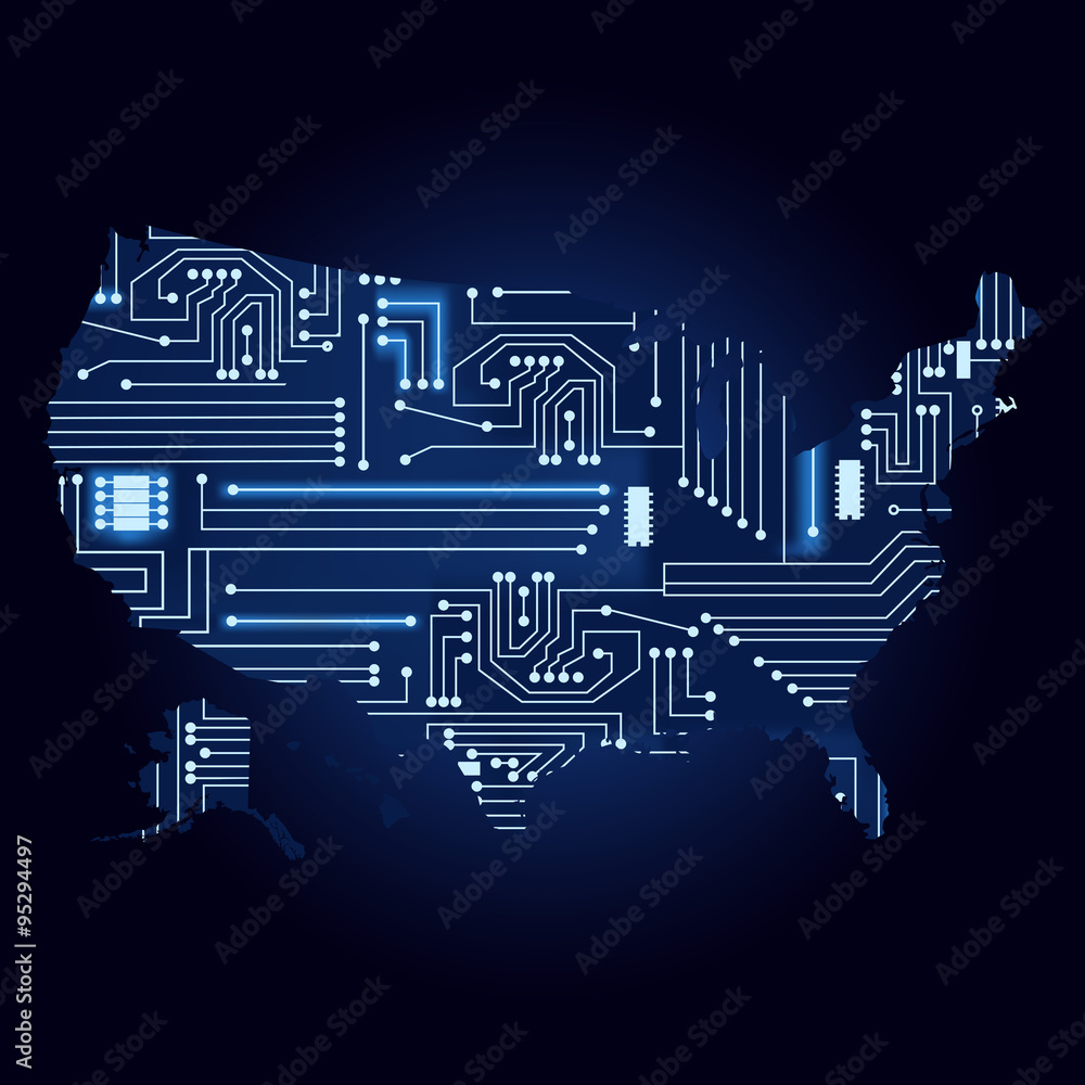 Map of USA with electronic circuit. Contour map of United States with a ...