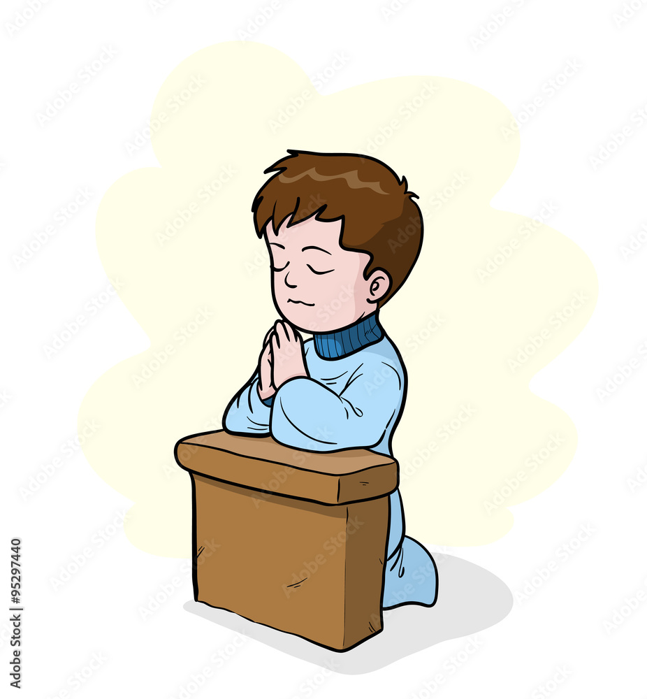Praying, a hand drawn vector illustration of a little kid on his knees ...