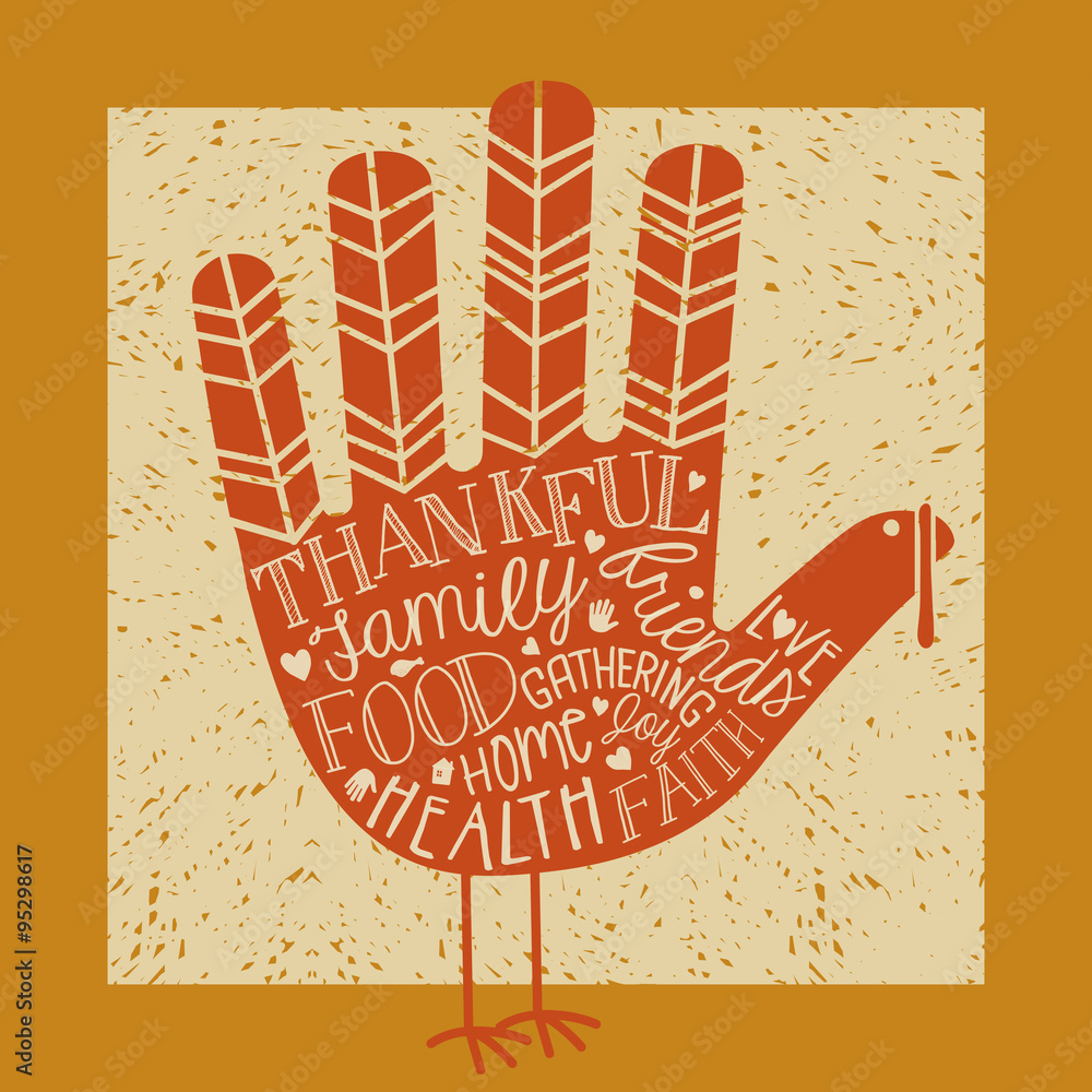 Thanksgiving Card Design With Theme Words And Cute Hand Print Turkey thanksgiving-card-design-with-theme-words-and-cute-hand-print-turkey