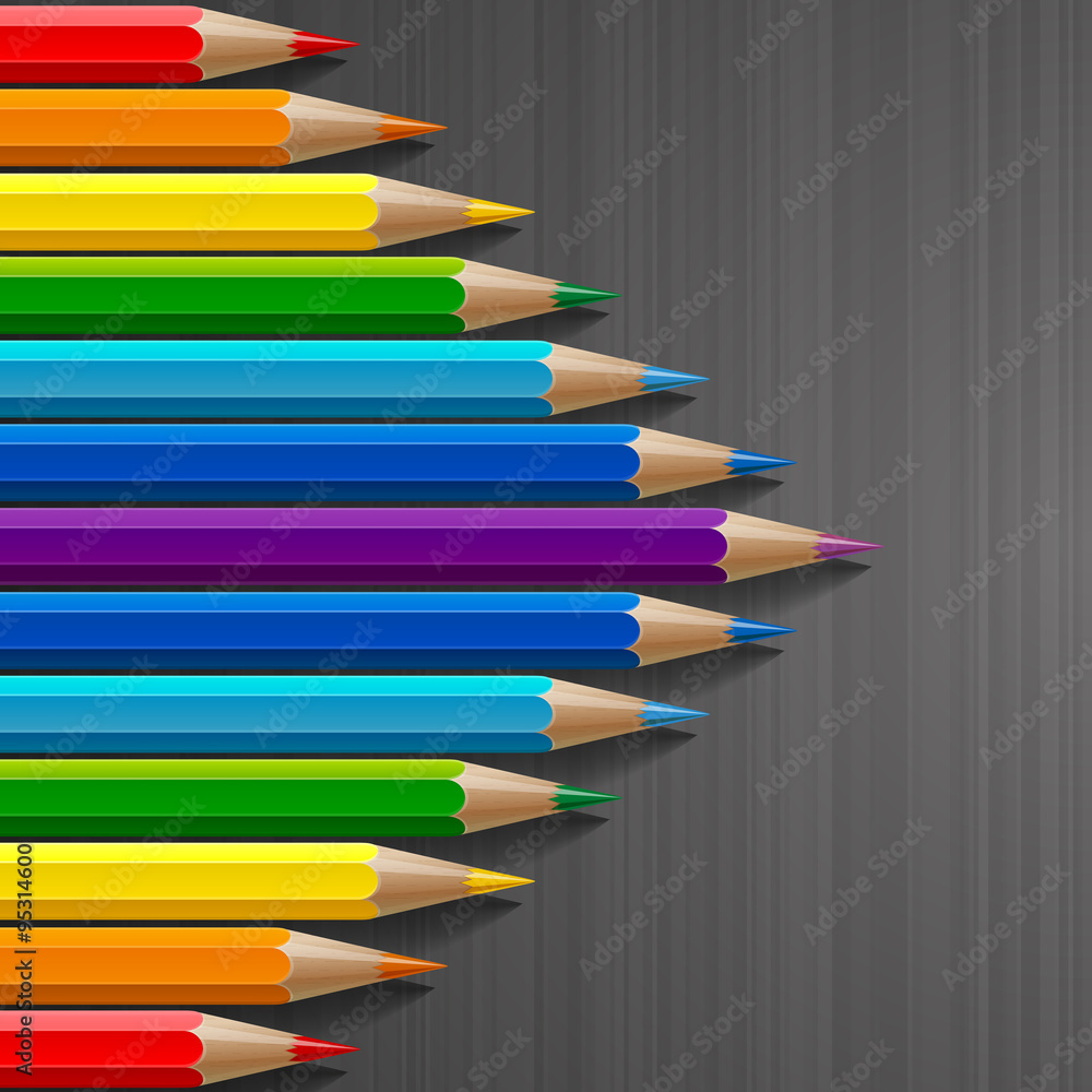 Arrow shape of rainbow colored pencils with realistic shadows on dark ...
