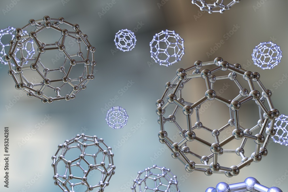 Illustrazione Stock Background with nanoparticles, C60 molecule, carbon ...