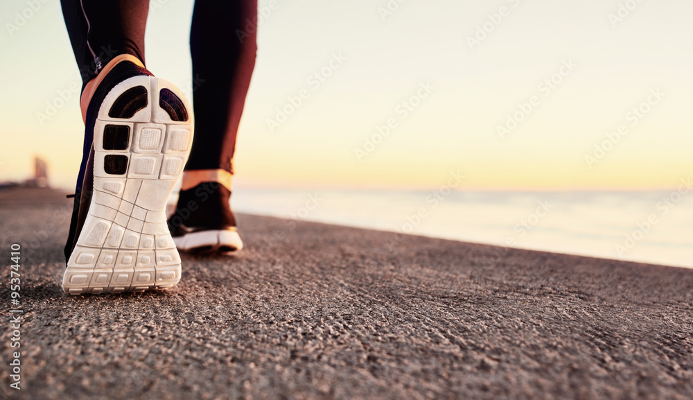 Runner man feet running on road closeup on shoe. Male fitness athlete ...