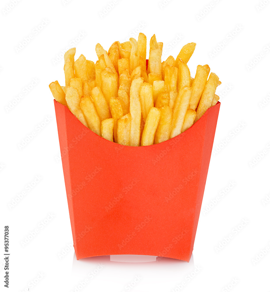 Potatoes fries in a red carton box isolated on a white background. Fast ...